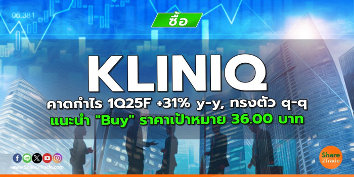KLINIQ คาดกำไร 1Q25F +31% y-y, ทรงตัว q-q แนะนำ "Buy" ราคาเป้าหมาย 36.00 บาท | Share2Trade